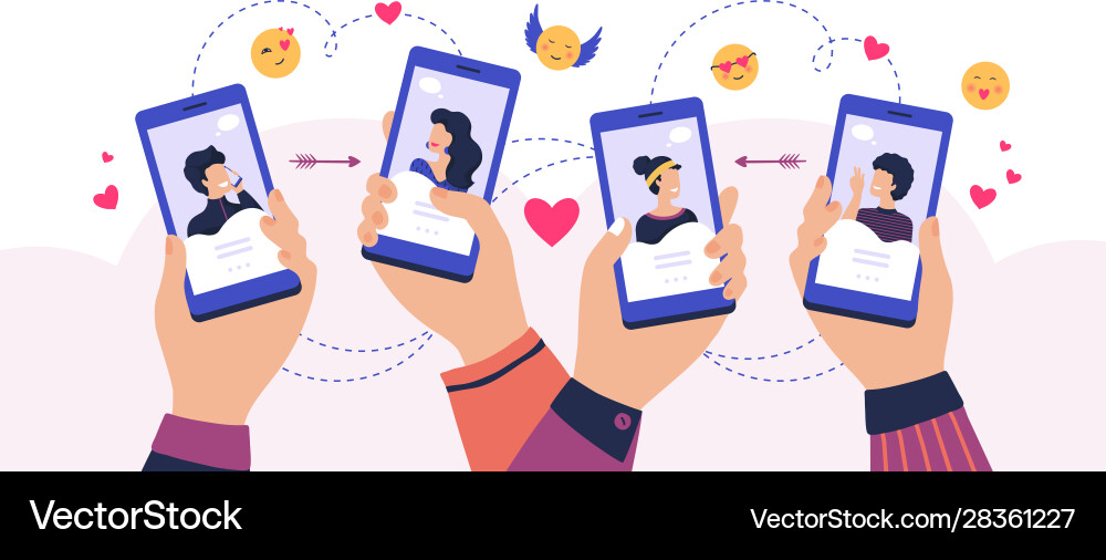 Mobile dating app cartoon hands holding Royalty Free Vector