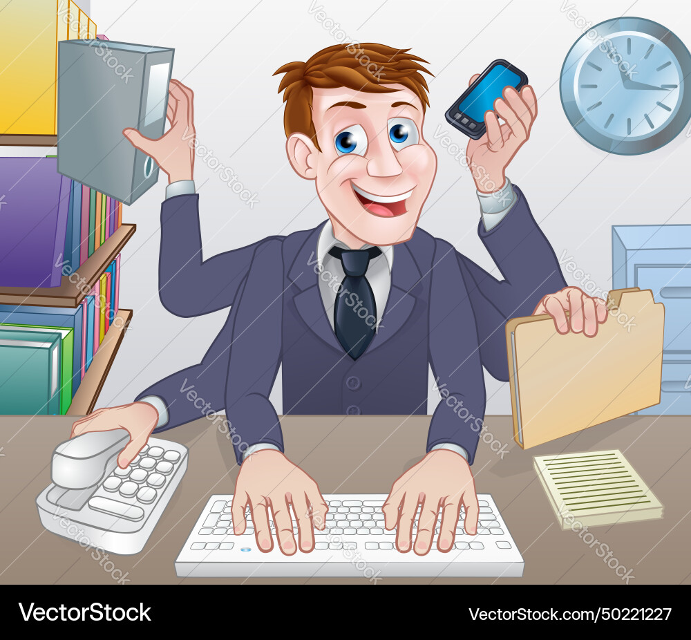 Multitasking business man cartoon Royalty Free Vector Image