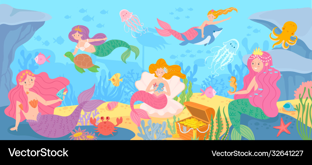 Underwater with mermaids seabed mythical Vector Image
