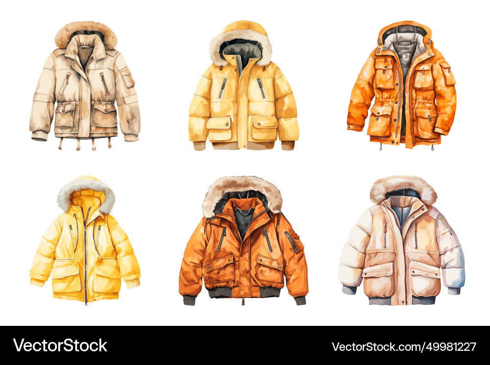 Watercolor winter jacket set accessories Vector Image