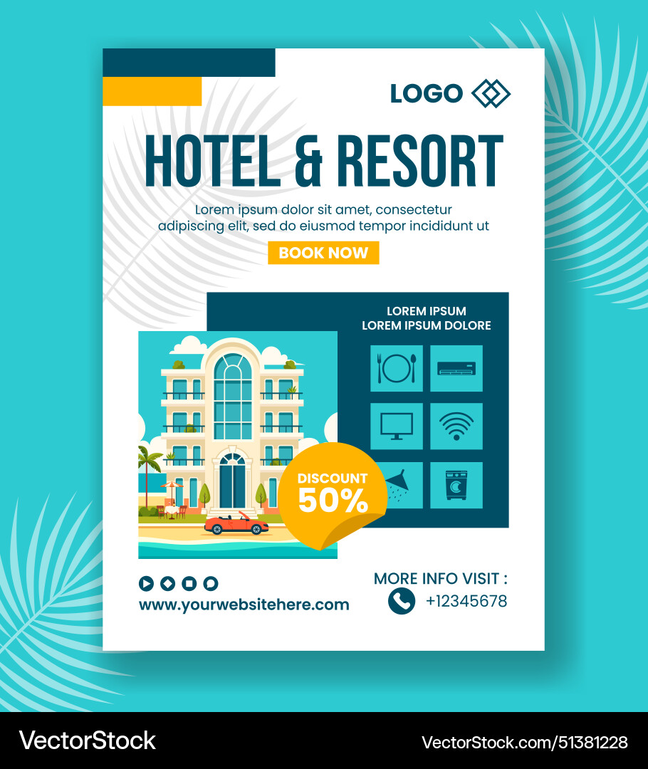 Hotel vertical poster flat cartoon hand drawn Vector Image