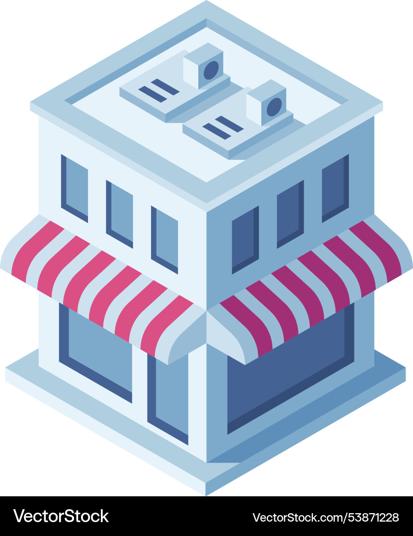 Isometric building with striped awnings Royalty Free Vector