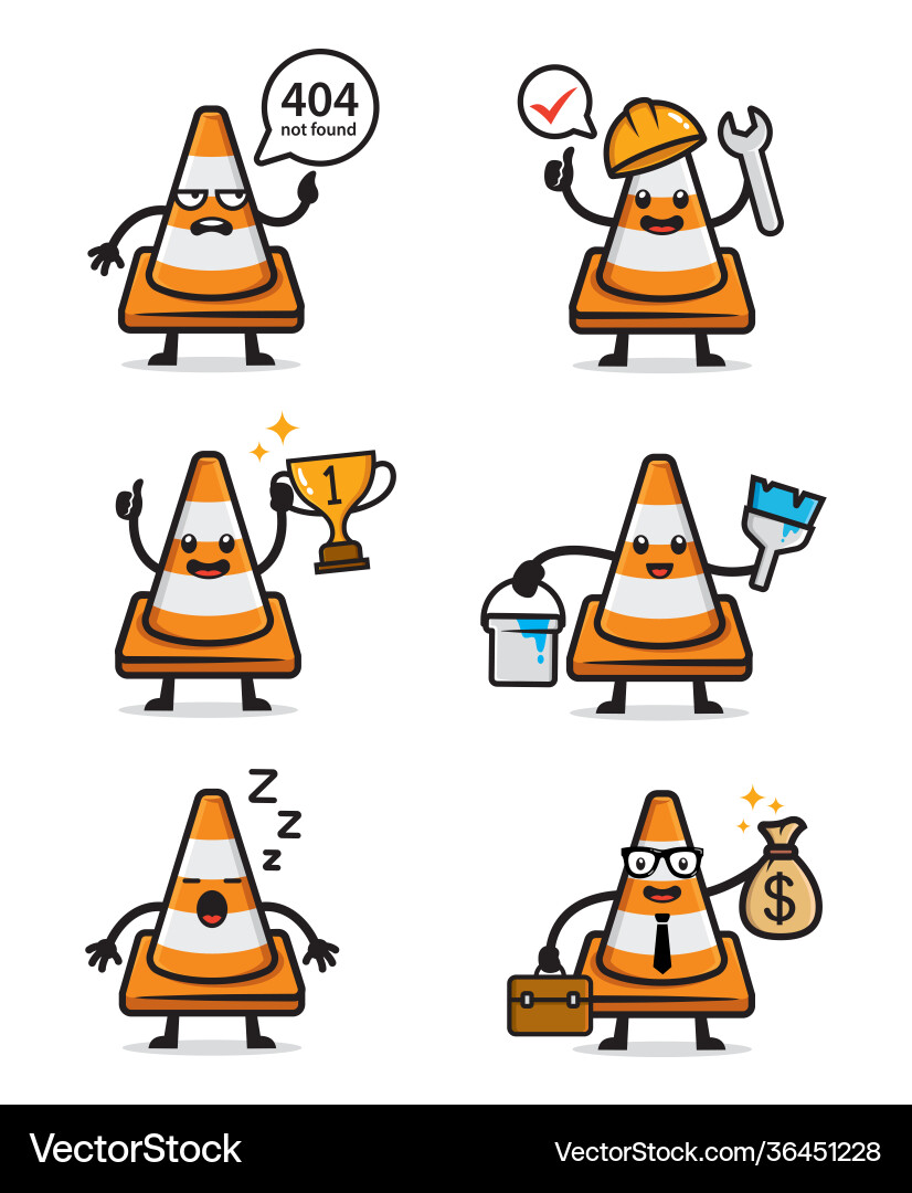 Set cute traffic cone character design Royalty Free Vector