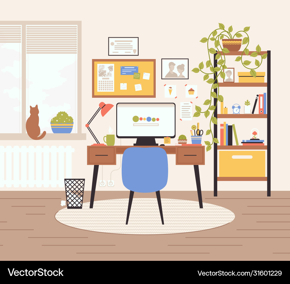 Cartoon color workplace room interior inside Vector Image