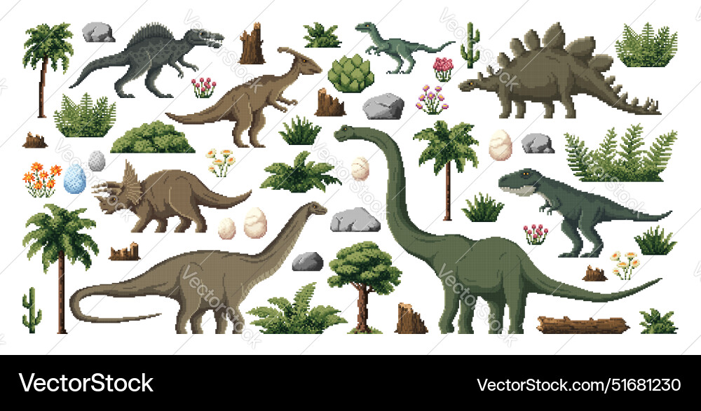 8 bit pixel art prehistoric dinosaurs game assets Vector Image