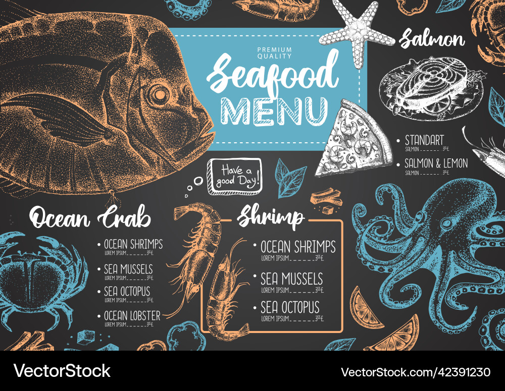 Chalk drawing seafood restaurant menu design Vector Image
