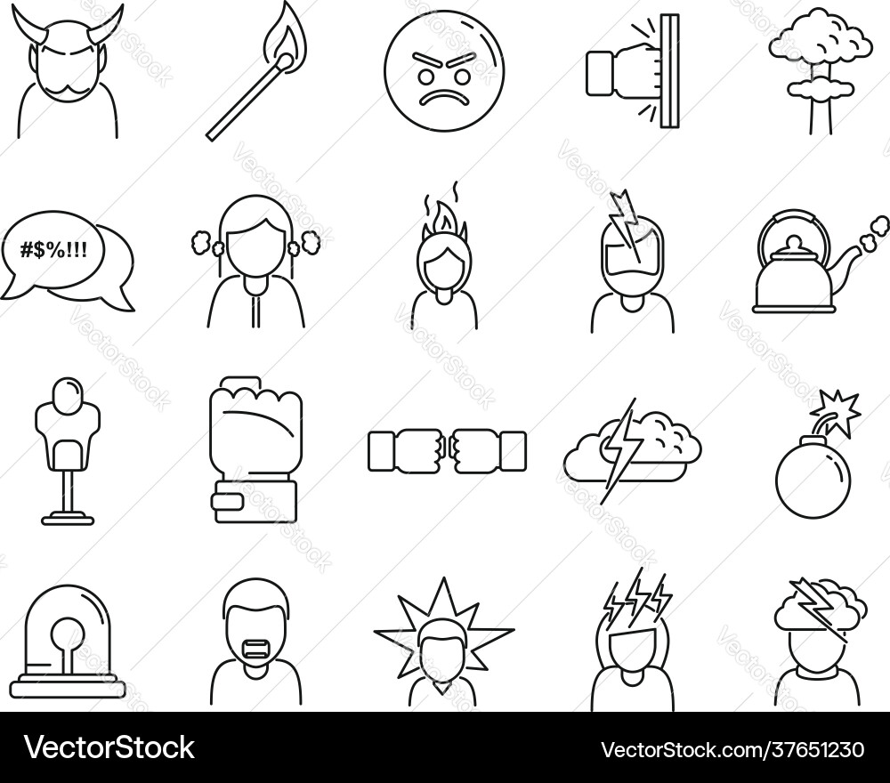 Rage aggressive icons set outline style Royalty Free Vector