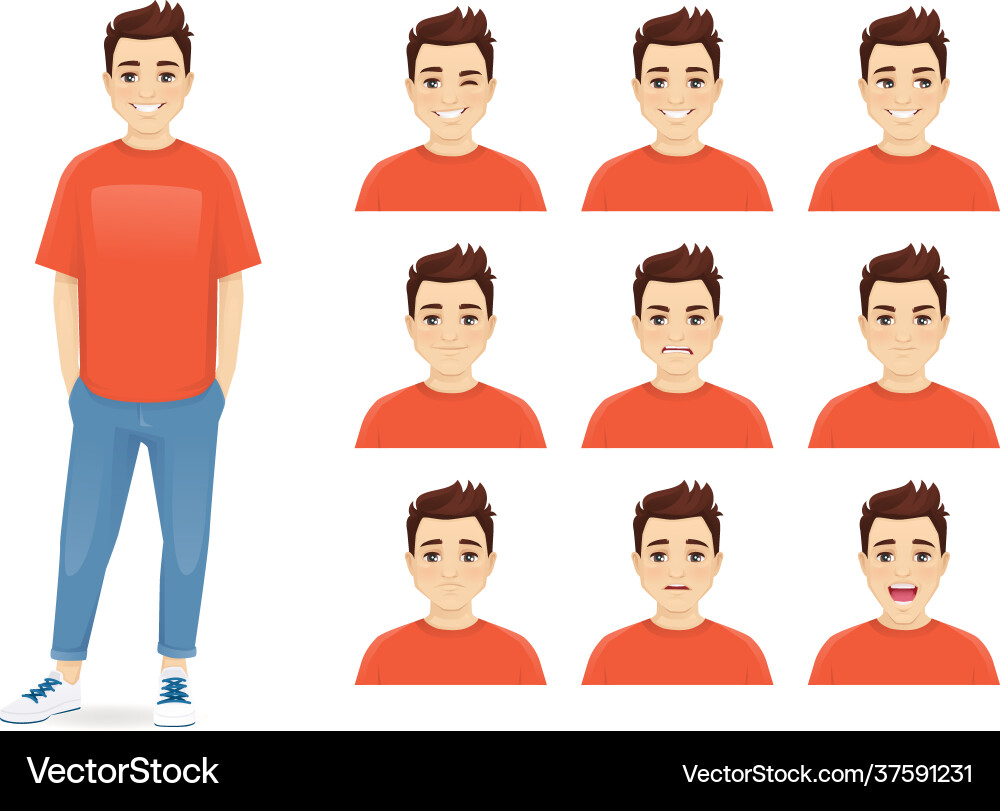 Young man expression set Royalty Free Vector Image