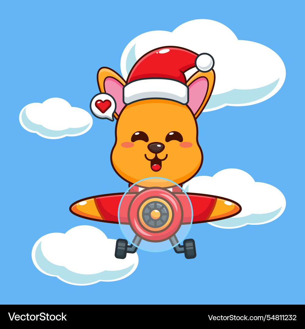 Cute kangaroo wearing santa hat fly with plane Vector Image