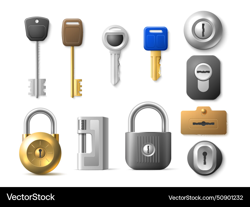 Realistic modern keys different locks Royalty Free Vector