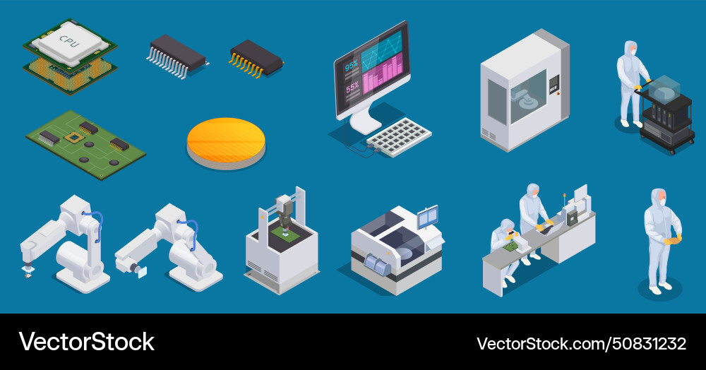 Semiconductor chip production isometric set Vector Image