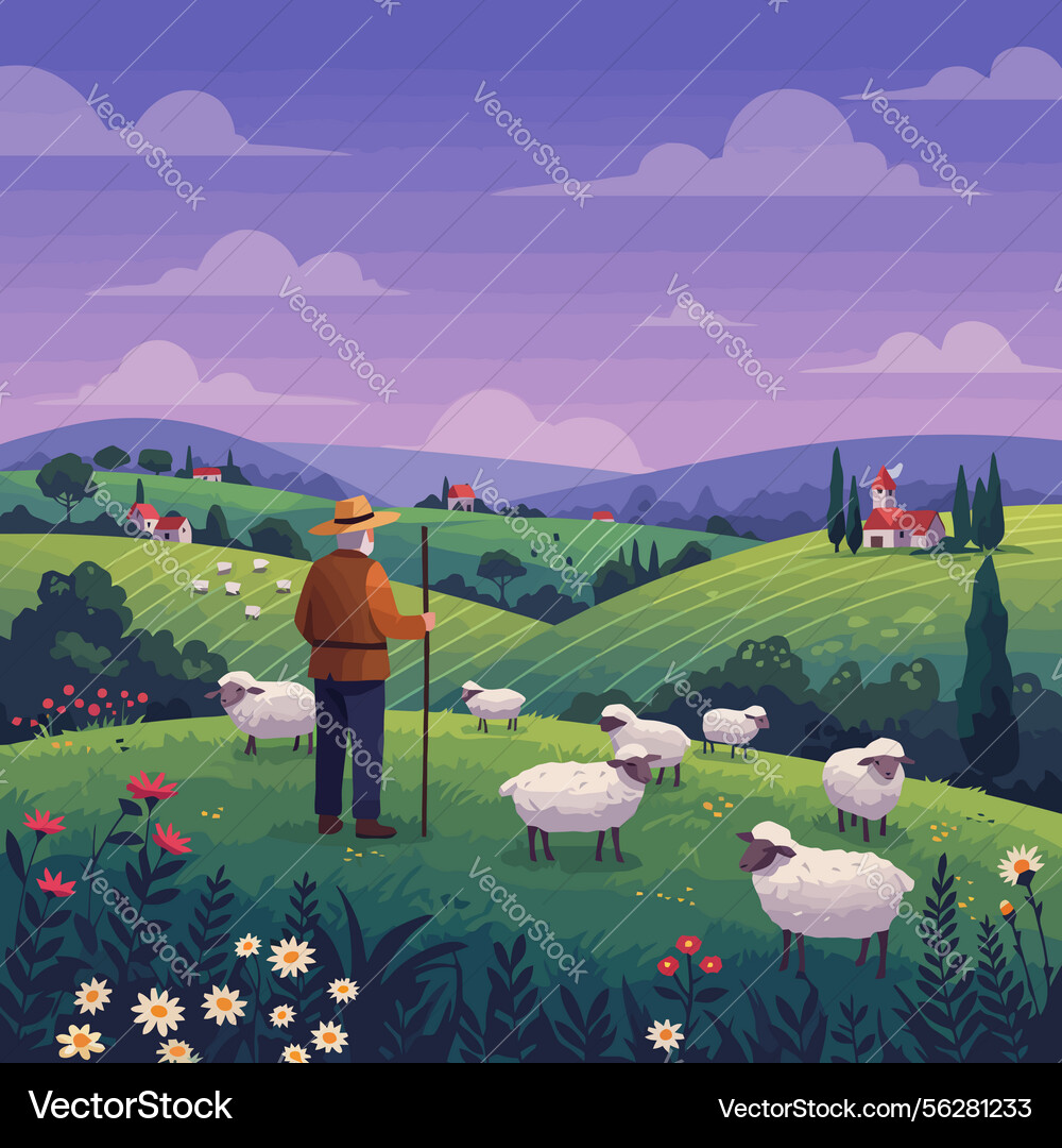 Shepherd and Sheep in a Green Field Royalty Free Vector
