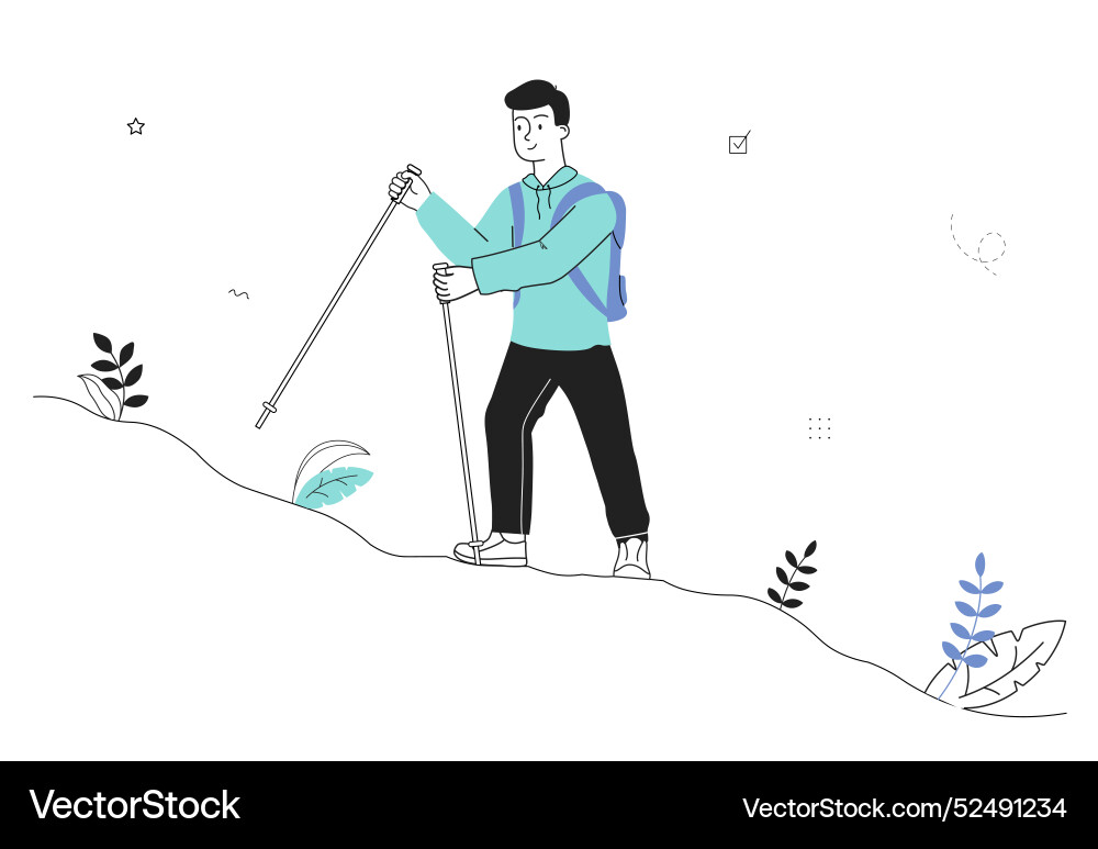 Man with camping young guy backpack climbs Vector Image