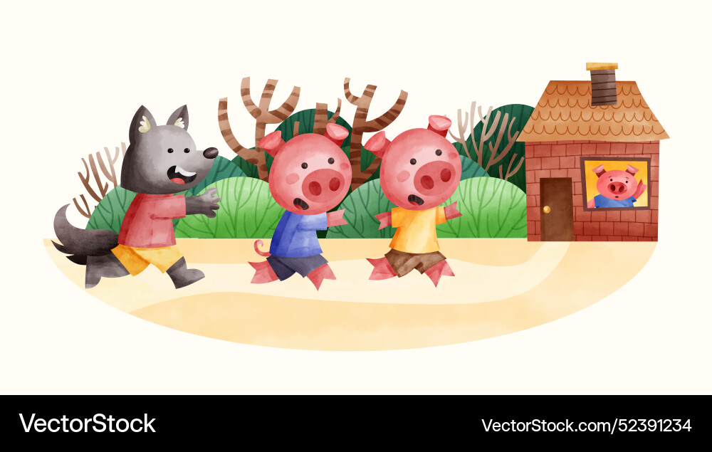 Watercolor the three little pigs Royalty Free Vector Image