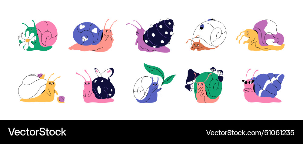 Happy and sad snails set slugs with patterned Vector Image