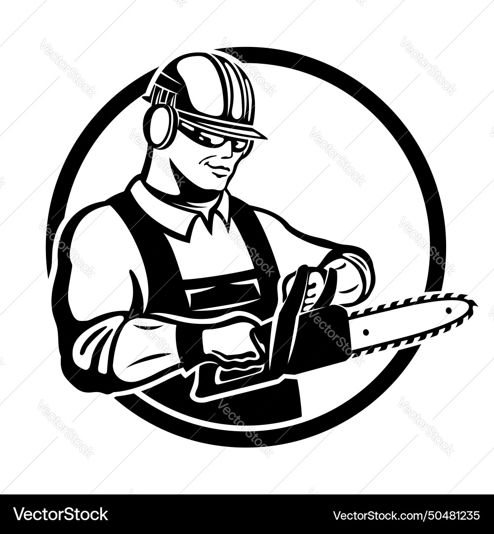 Round icon of construction worker with chainsaw Vector Image