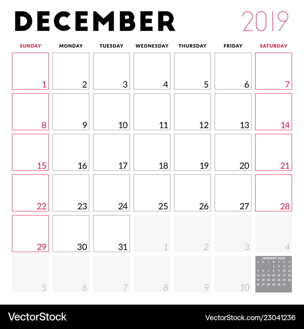 Calendar planner for december 2019 week starts Vector Image