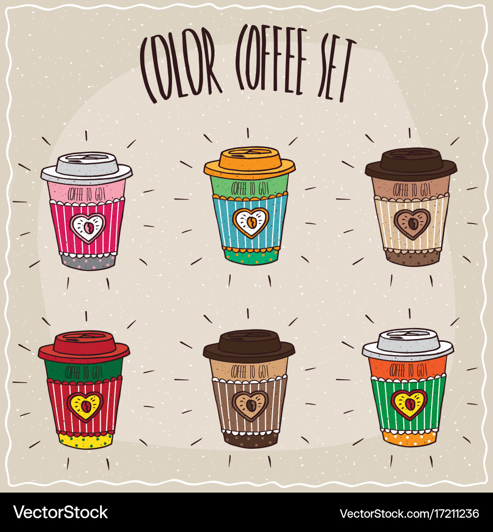 Set of six different cute paper cup coffee Vector Image