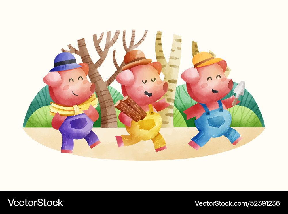 Watercolor the three little pigs Royalty Free Vector Image
