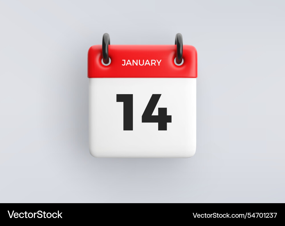 3d calendar icon with date 14 january on grey Vector Image