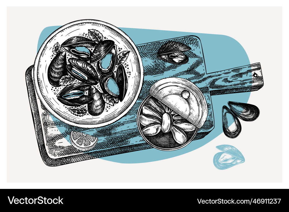 Cooked mussels with herbs on plate shellfish Vector Image