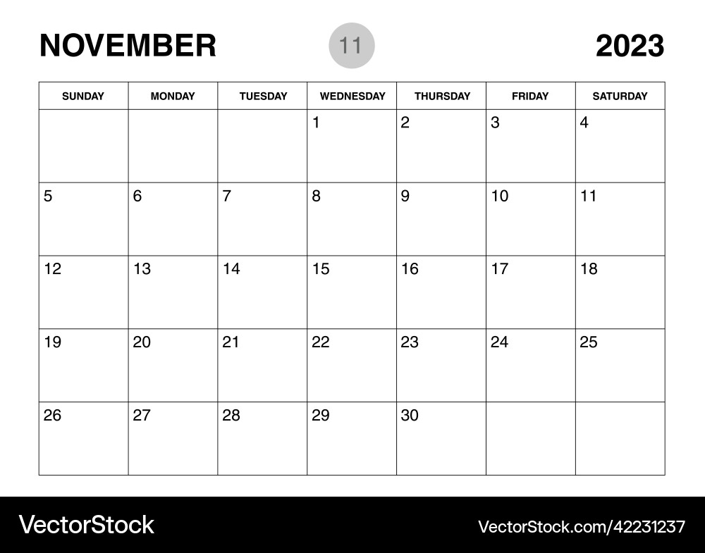 November 2023 year planner template-calendar Vector Image