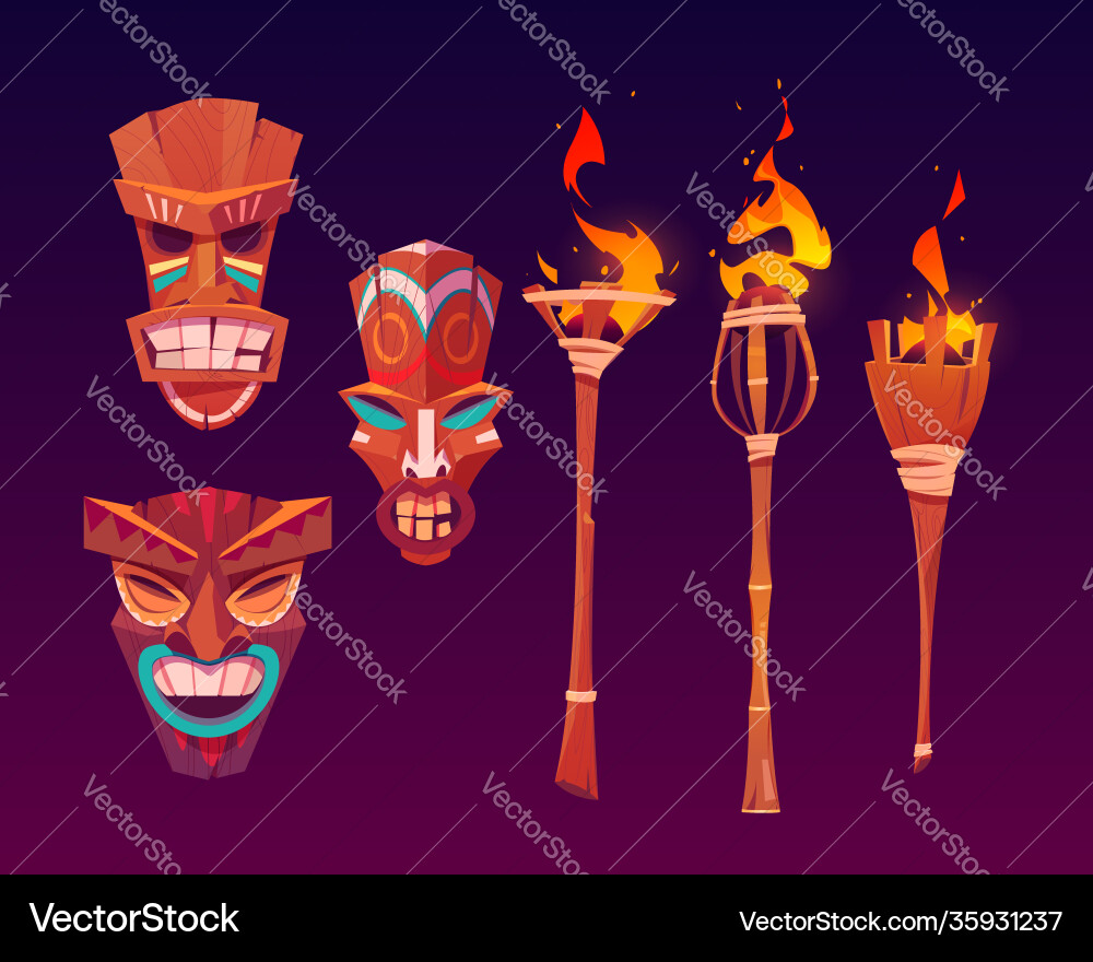 Tiki Masks & Burning Torches Royalty Free Vector Image