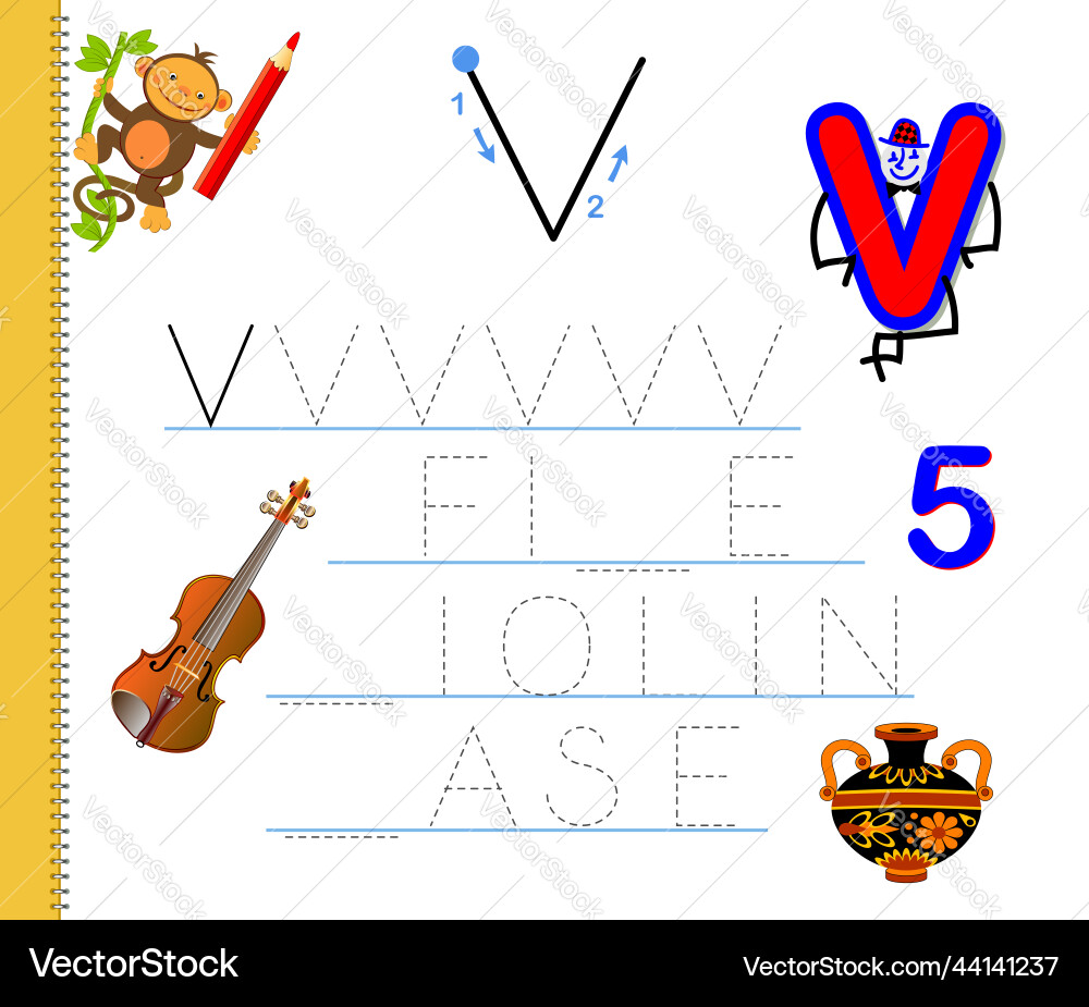 Trace Letter V Worksheet for Kids Royalty Free Vector Image