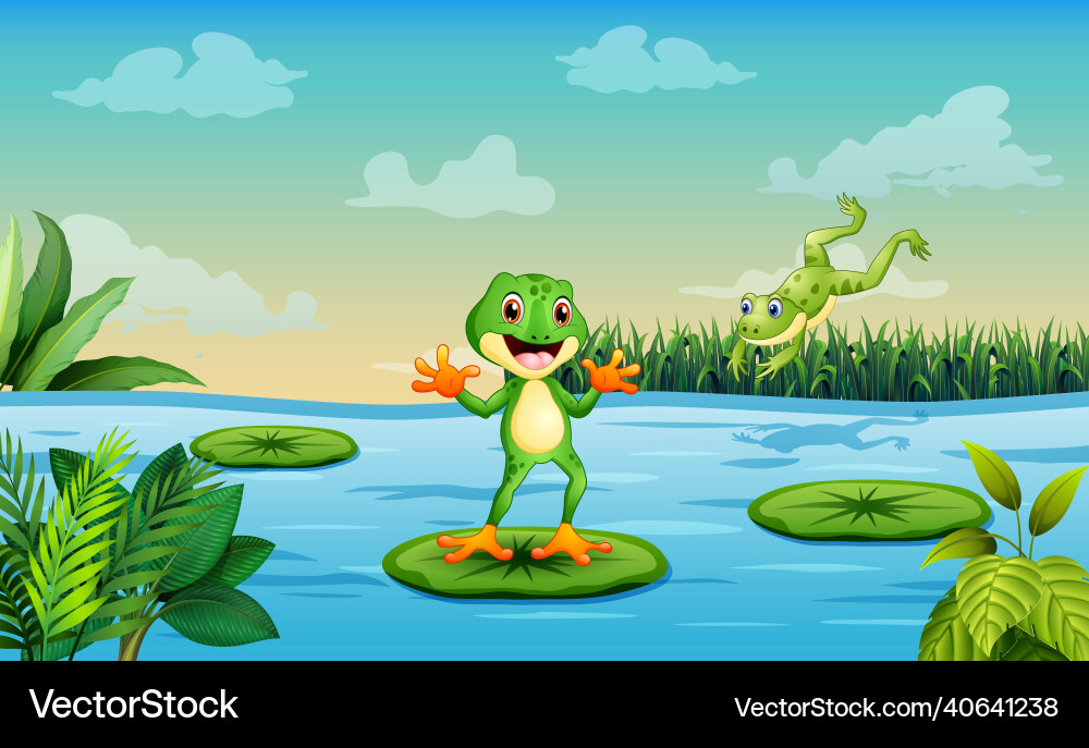 A playful frogs at the pond Royalty Free Vector Image