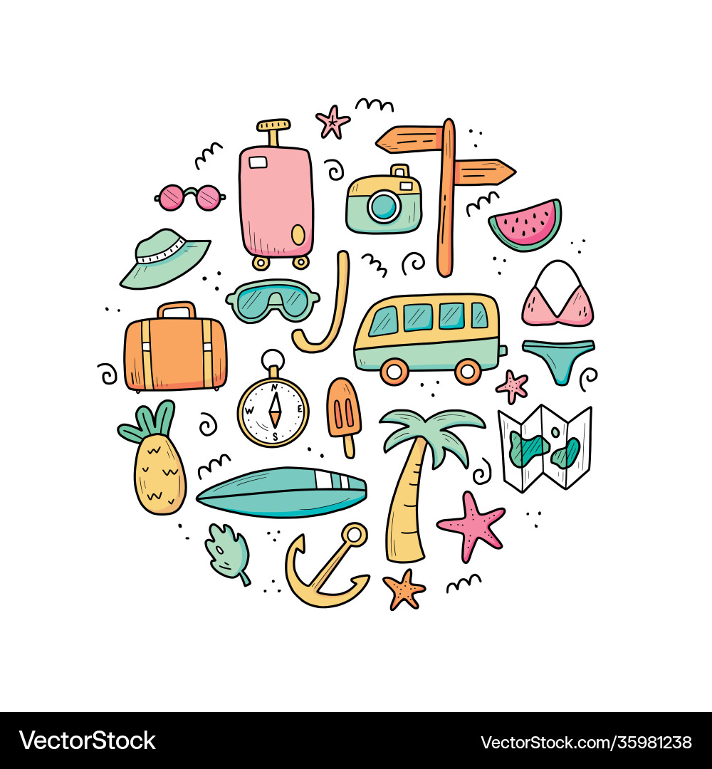 Hand drawn set travel summer vacation Royalty Free Vector