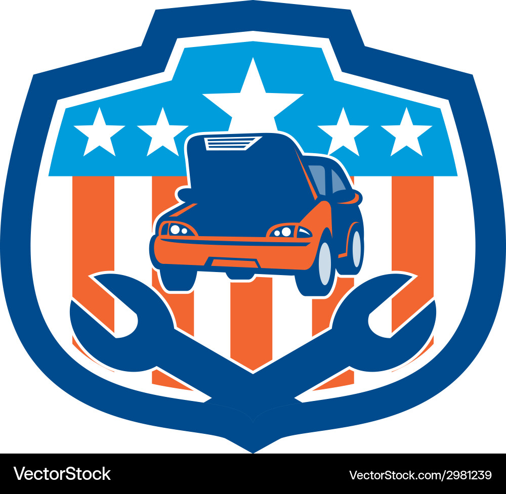 Car repair spanner shield retro Royalty Free Vector Image