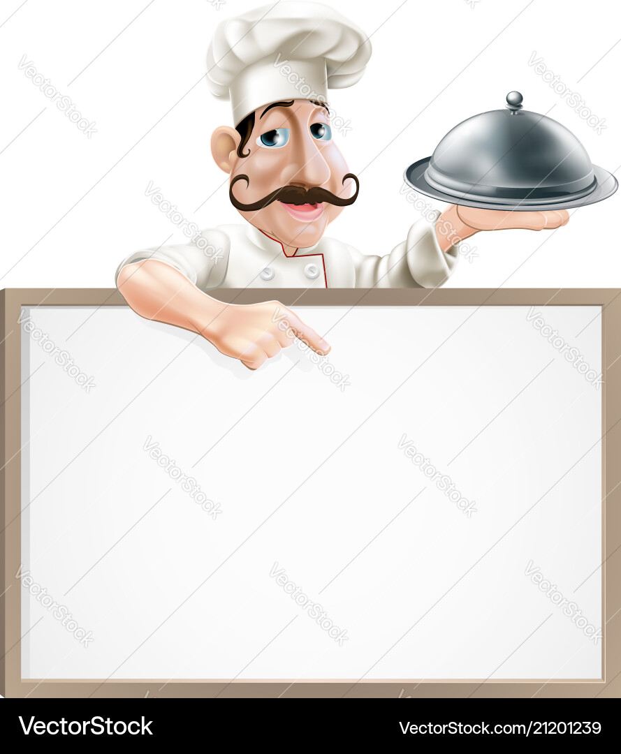 Chef with platter pointing at sign Royalty Free Vector Image