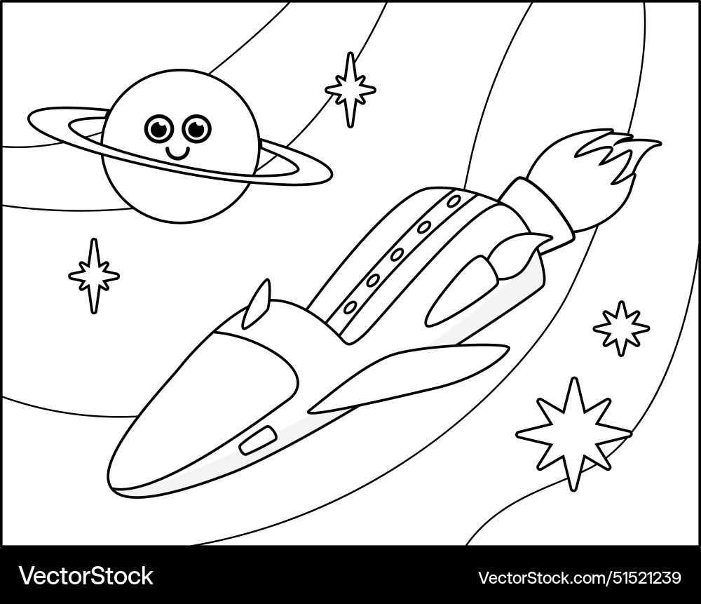 Coloring page spaceship and saturn in space Vector Image