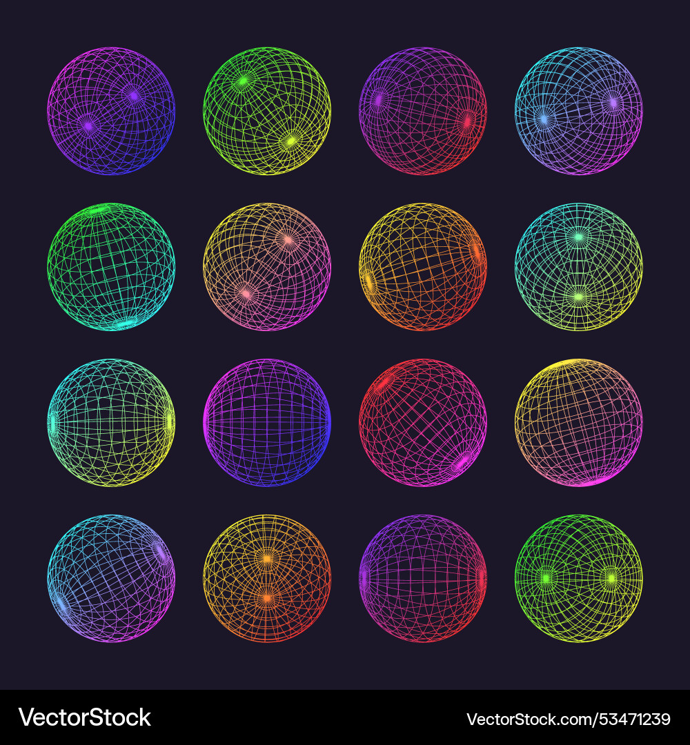 Neon wireframe shapes lined sphere perspective Vector Image