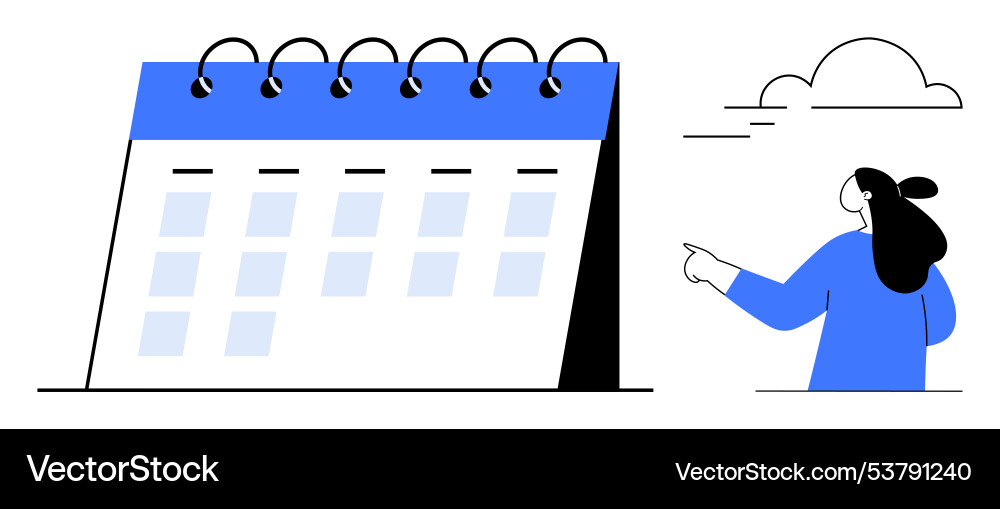 Person pointing at large calendar with cloud Vector Image