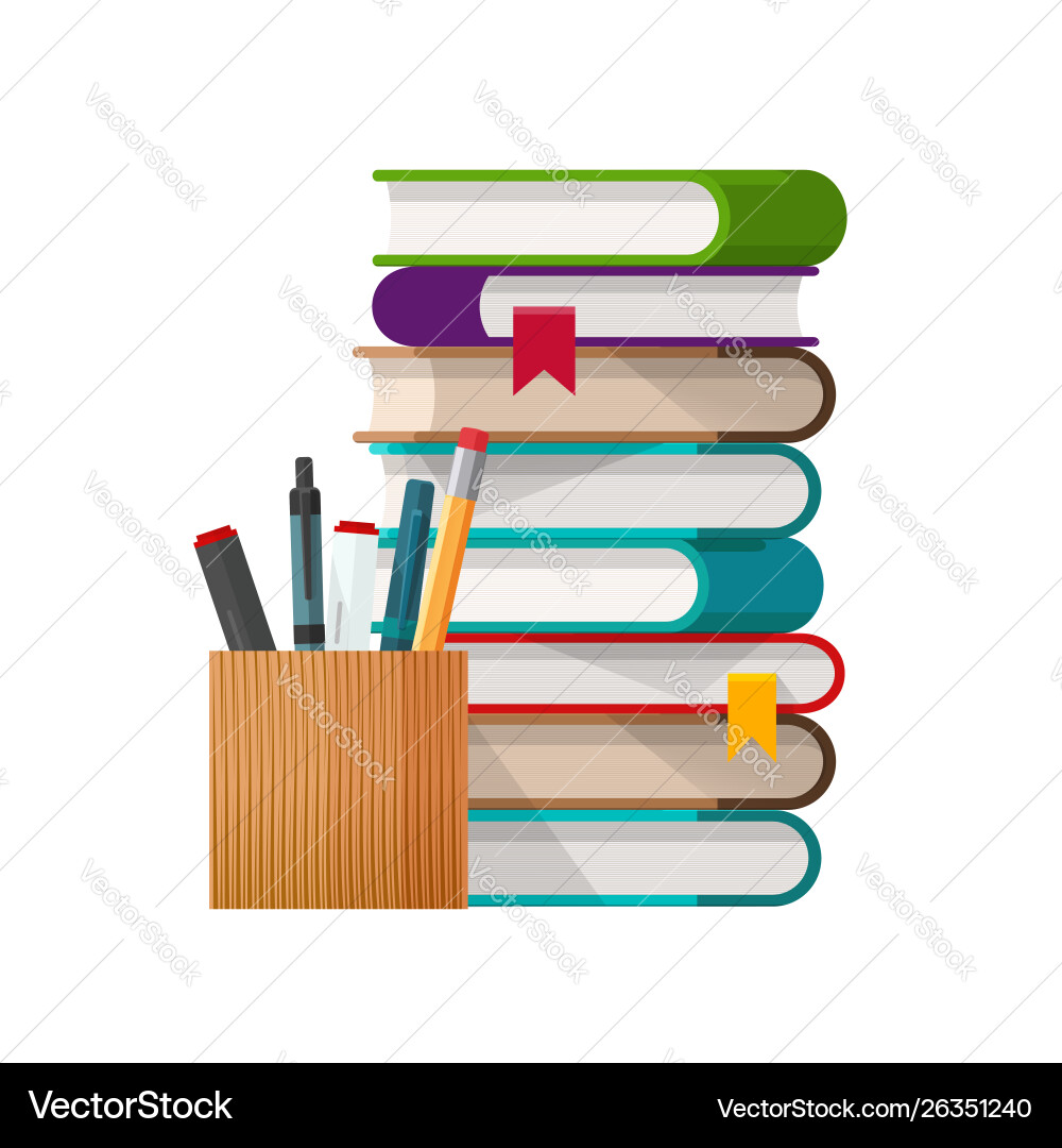 School books stack with pens and pencils glass Vector Image
