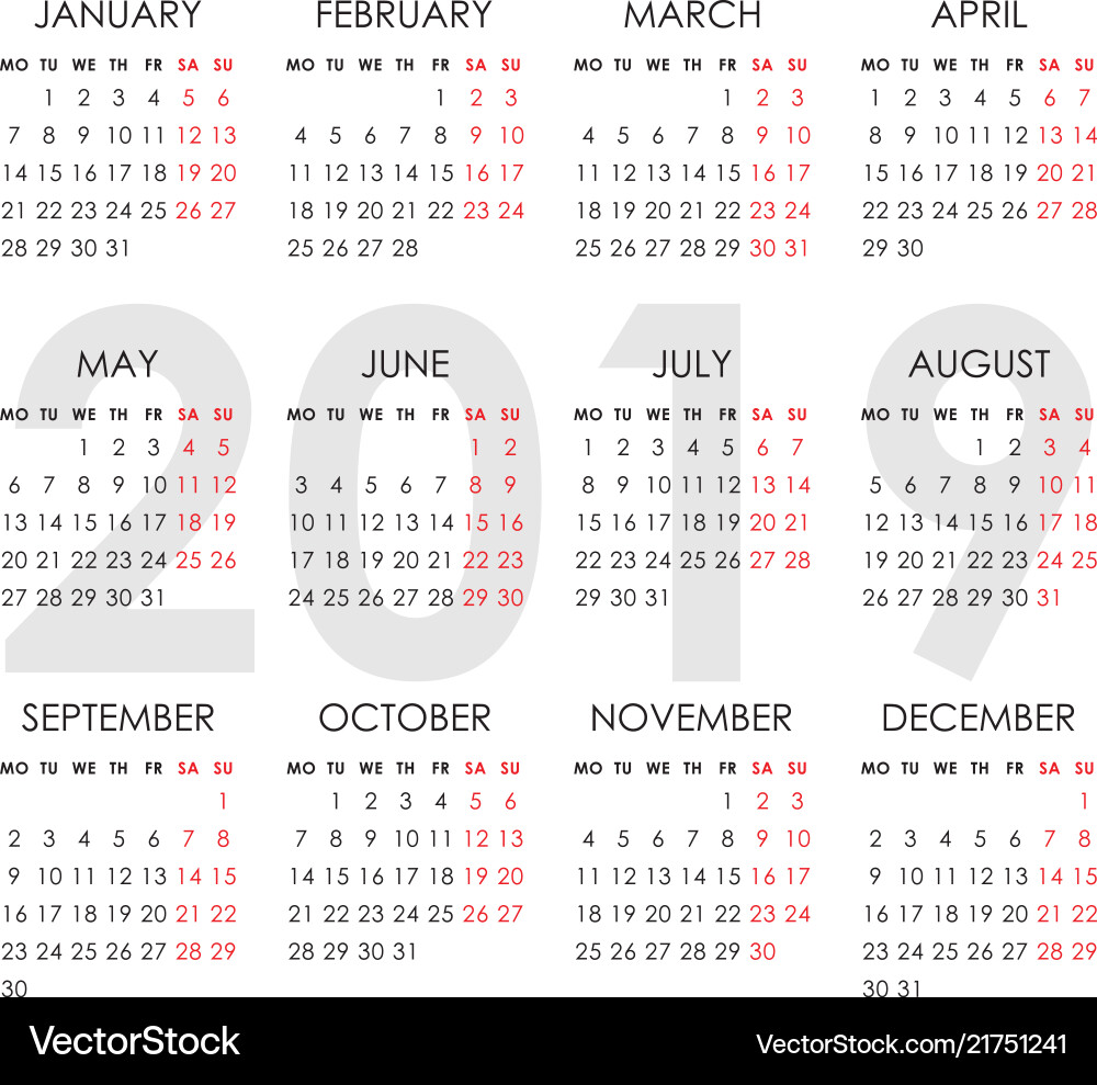 Simple calendar for 2019 year week starts monday Vector Image