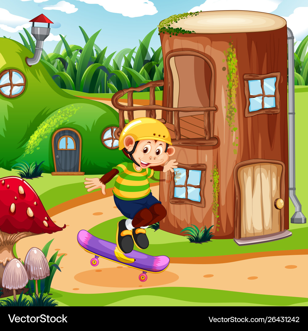 Monkey riding skateboard scene Royalty Free Vector Image