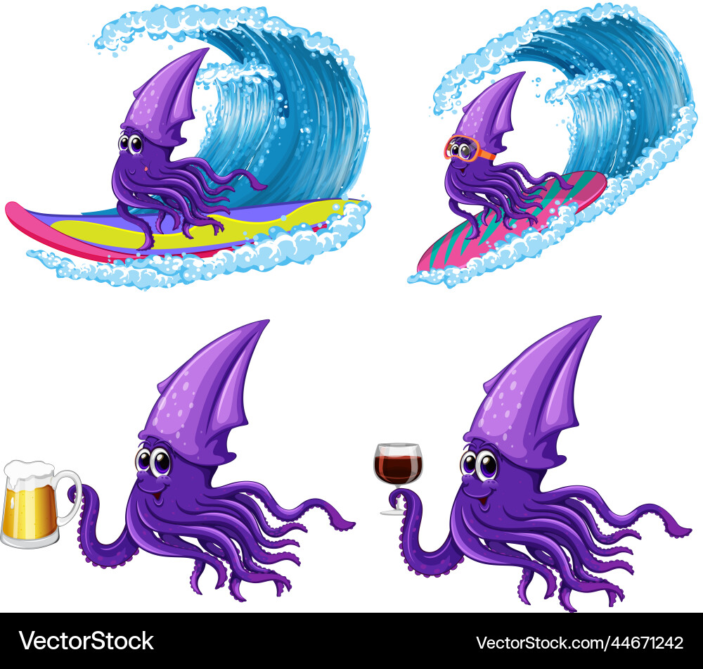 Squid cartoon characters set Royalty Free Vector Image