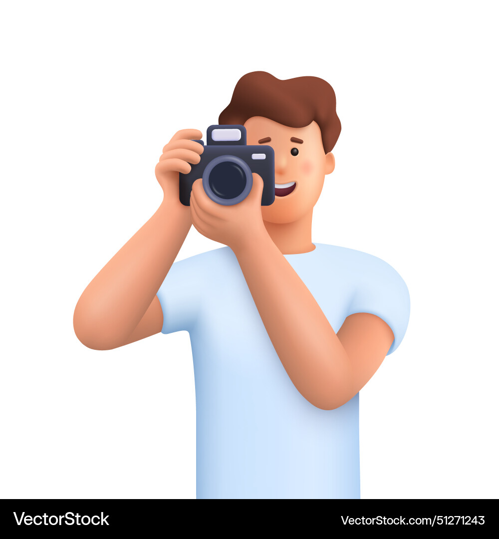 Young smiling man holding camera taking photo Vector Image