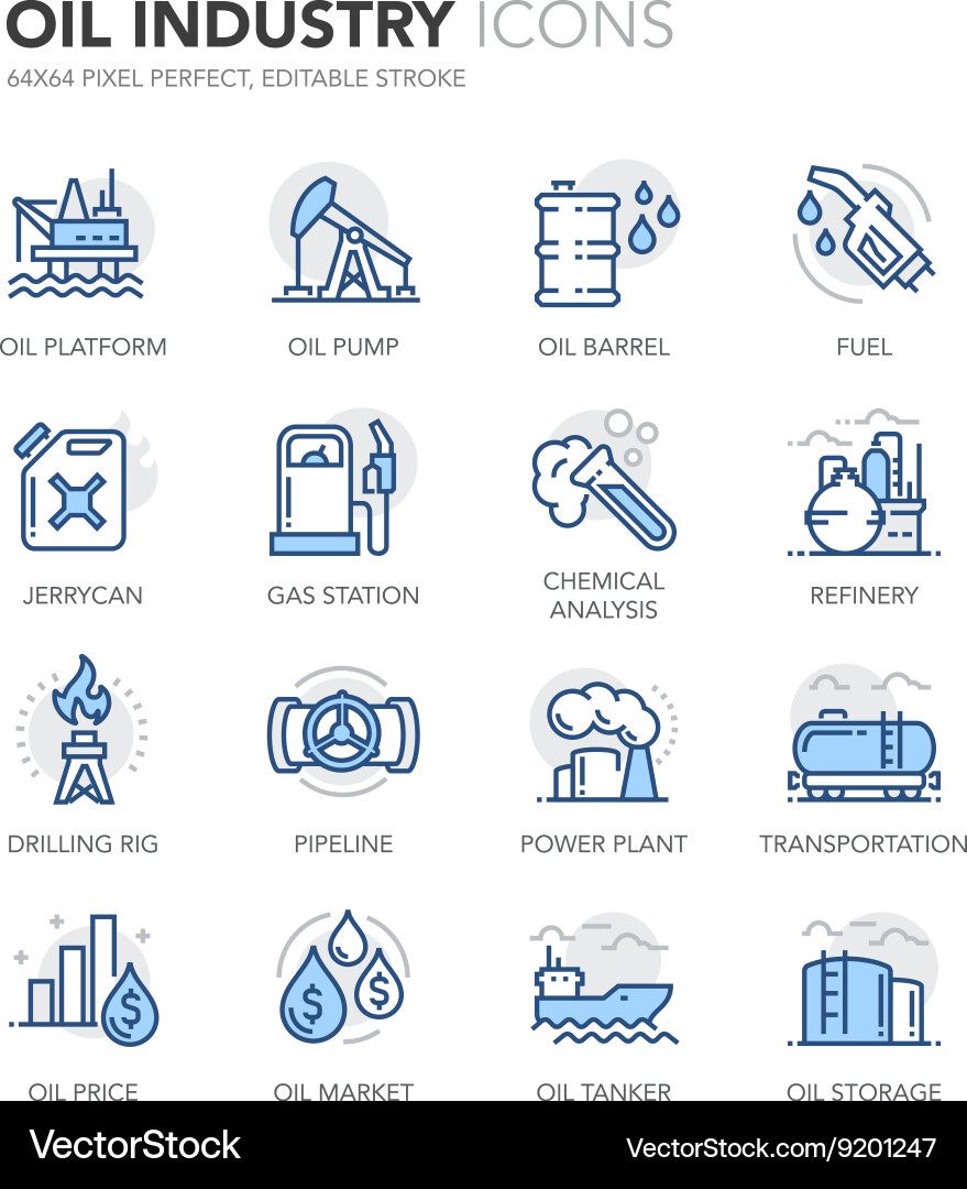 Blue line oil industry icons Royalty Free Vector Image