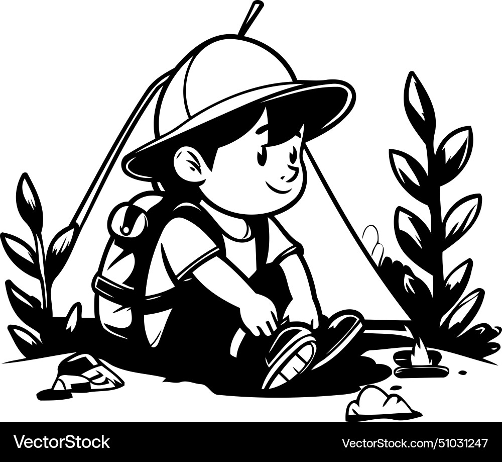 Boy scout sitting on the ground in forest Vector Image