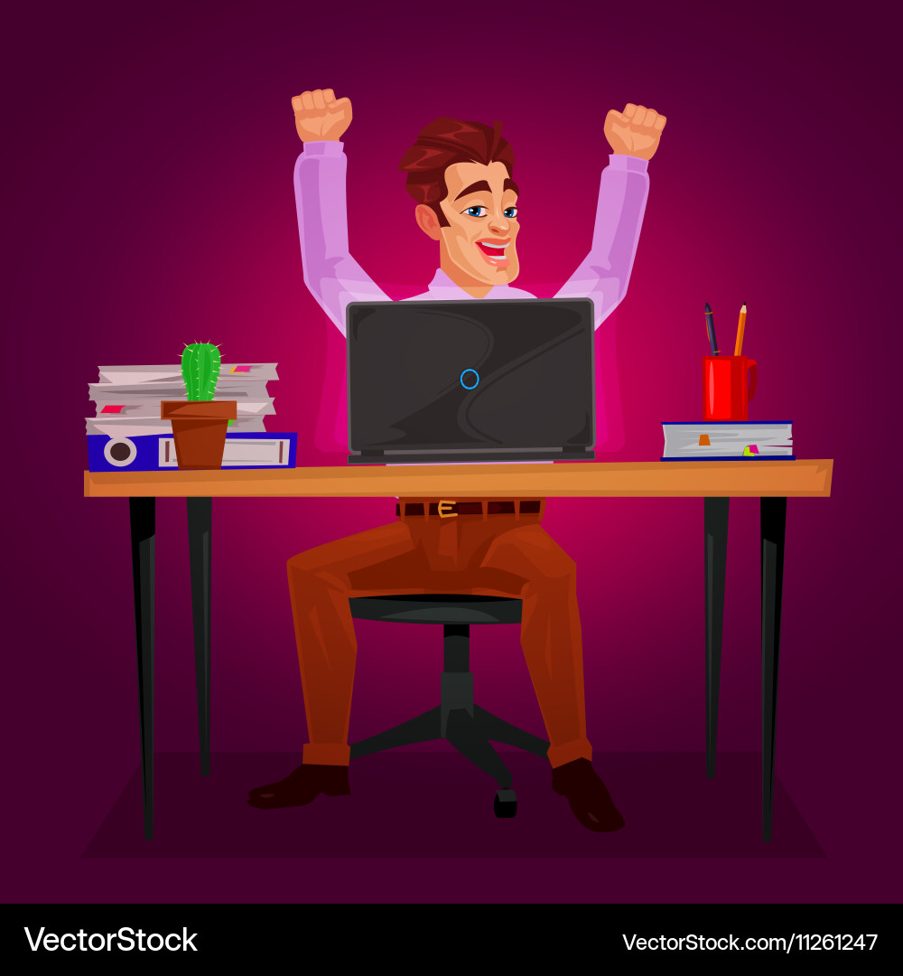 Male worker triumphantly raised his hands Vector Image