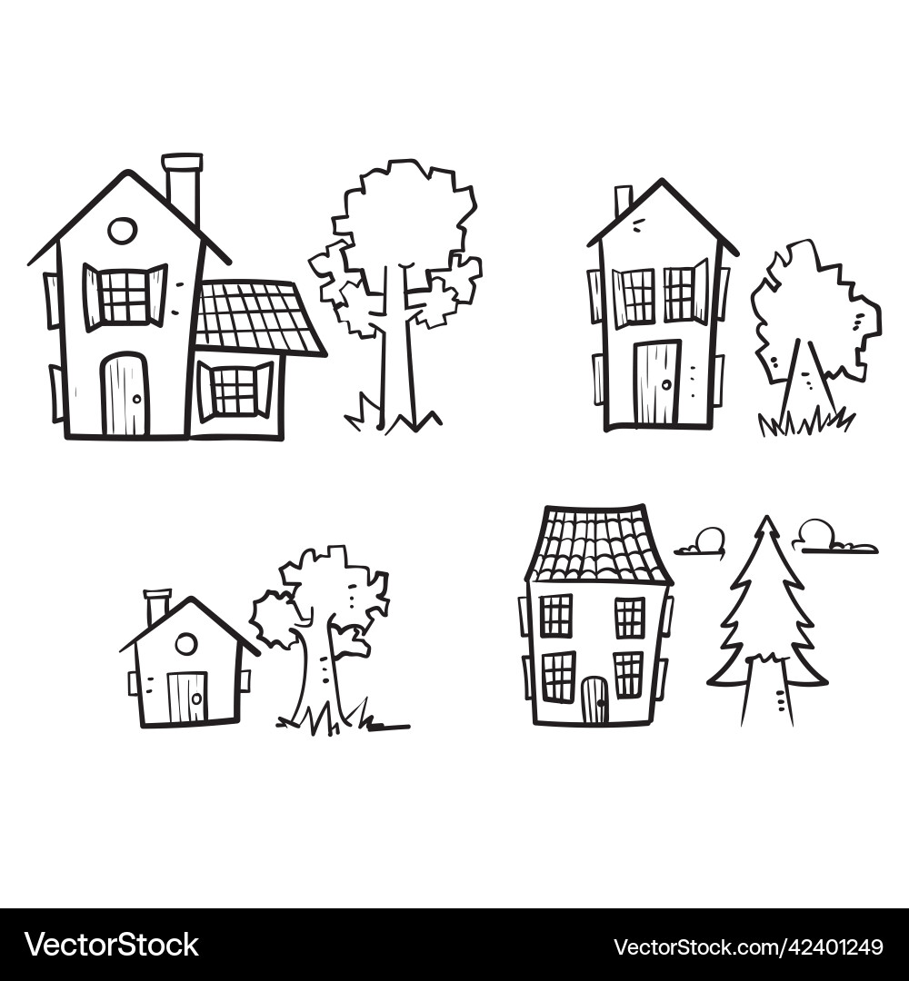 Hand drawn doodle house and tree collection Vector Image