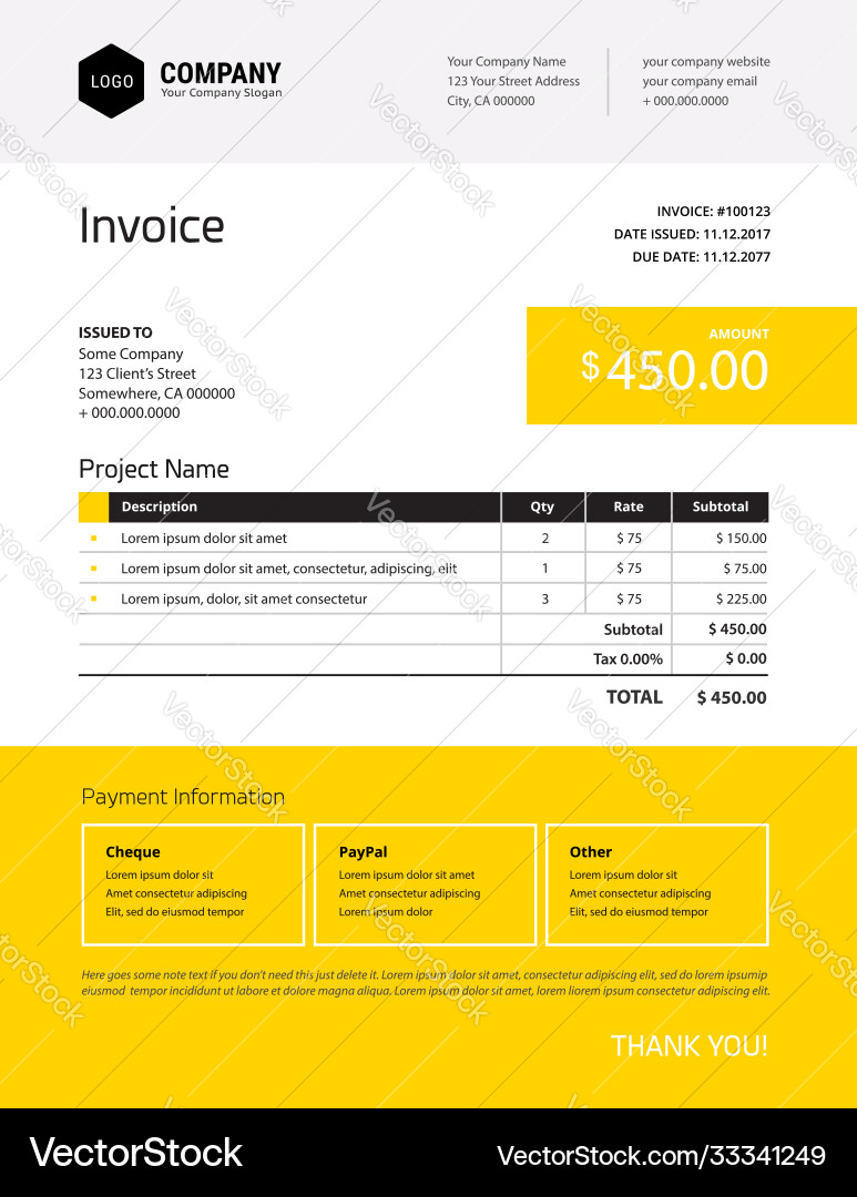 Invoice template design - in yellow color us Vector Image