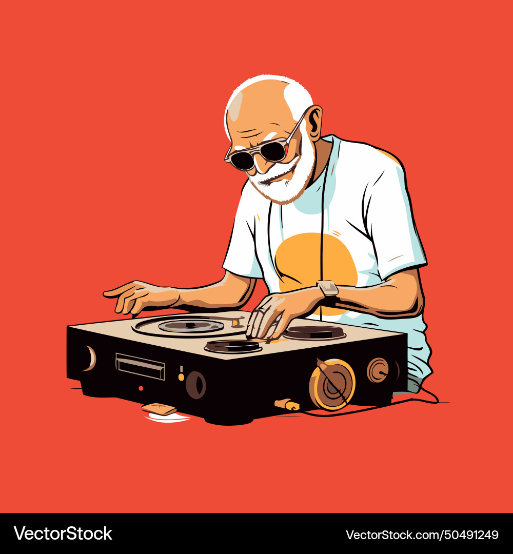 Old man playing on turntable in cartoon style Vector Image
