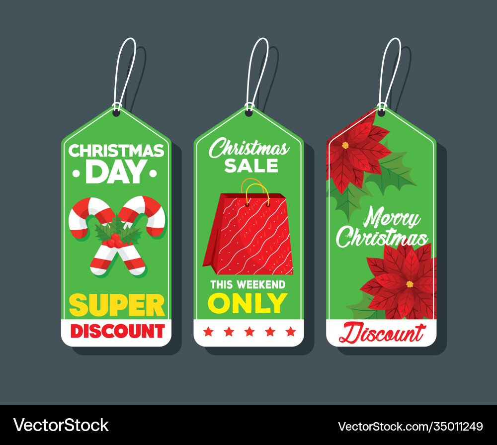 Three happy merry christmas tags hanging Vector Image