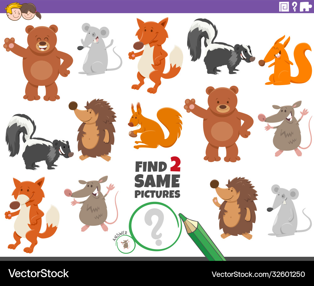Find two same animals educational task Royalty Free Vector