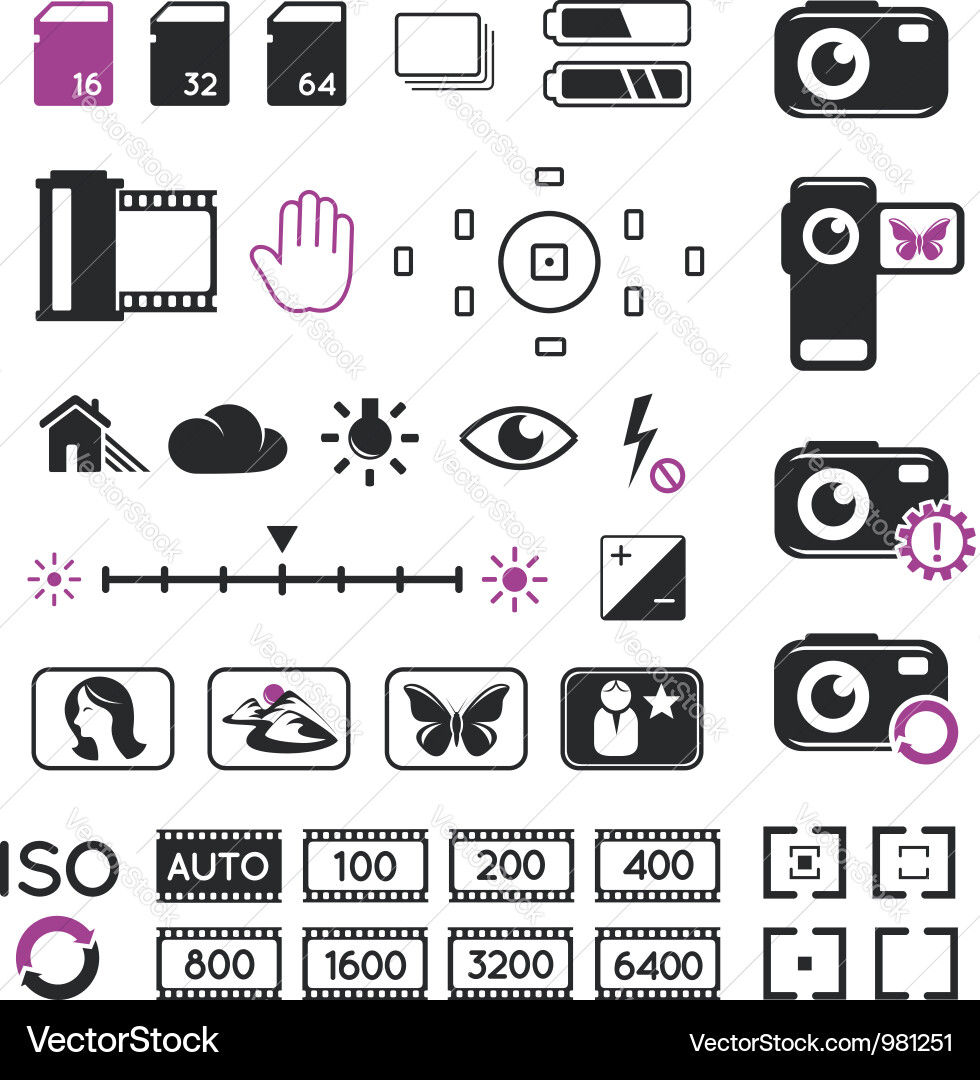 Camera display icons and symbols Royalty Free Vector Image