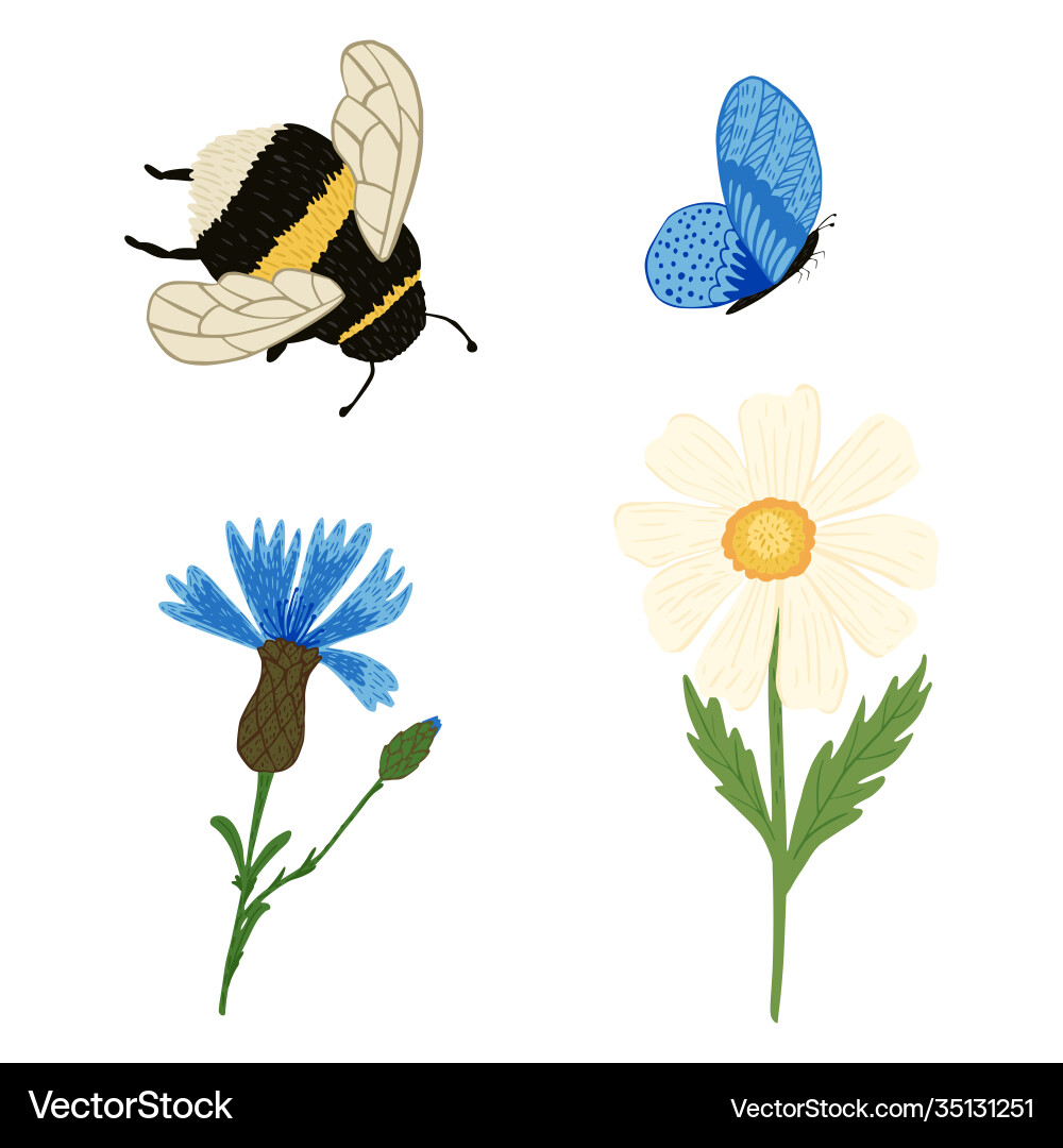Cute Bumblebee & Flower Set Royalty Free Vector Image